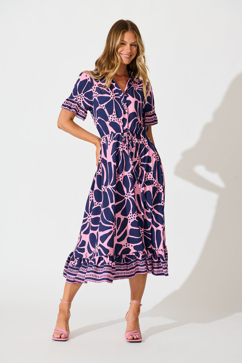 Aiken Midi Dress In Pink And Navy Floral – St Frock
