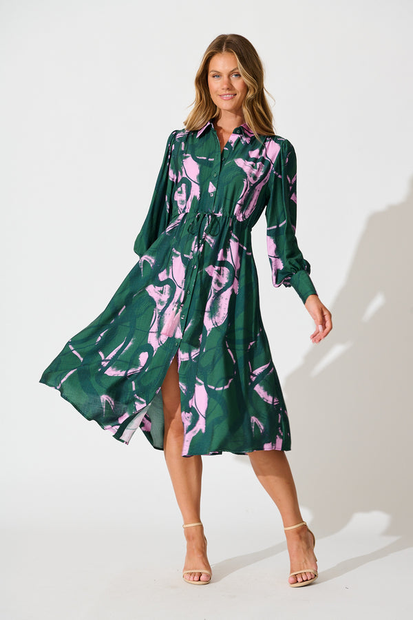 Impulse Midi Shirt Dress in Green Multi Print – St Frock