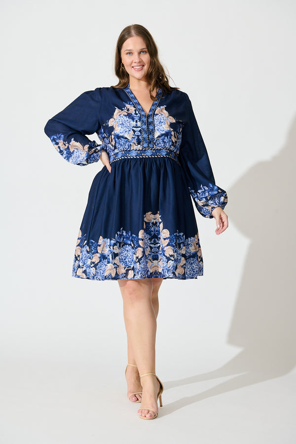 Clarion Dress in Navy Border Floral Linen Blend – St Frock