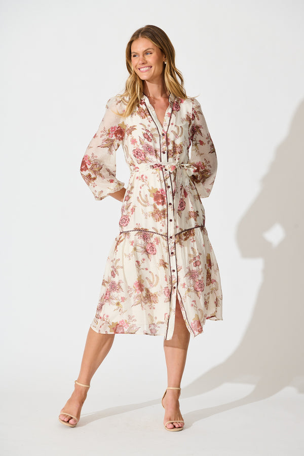 Isobel Midi Dress in Cream with Multi Pink Floral – St Frock