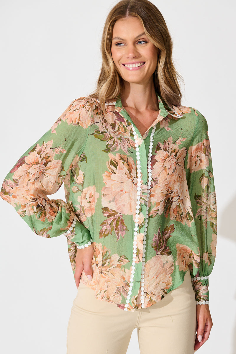 Lynelle Shirt in Green Floral with White Contrast Trim – St Frock