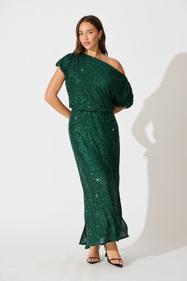 Amiri Off Shoulder Maxi Dress in Emerald Sequin – St Frock