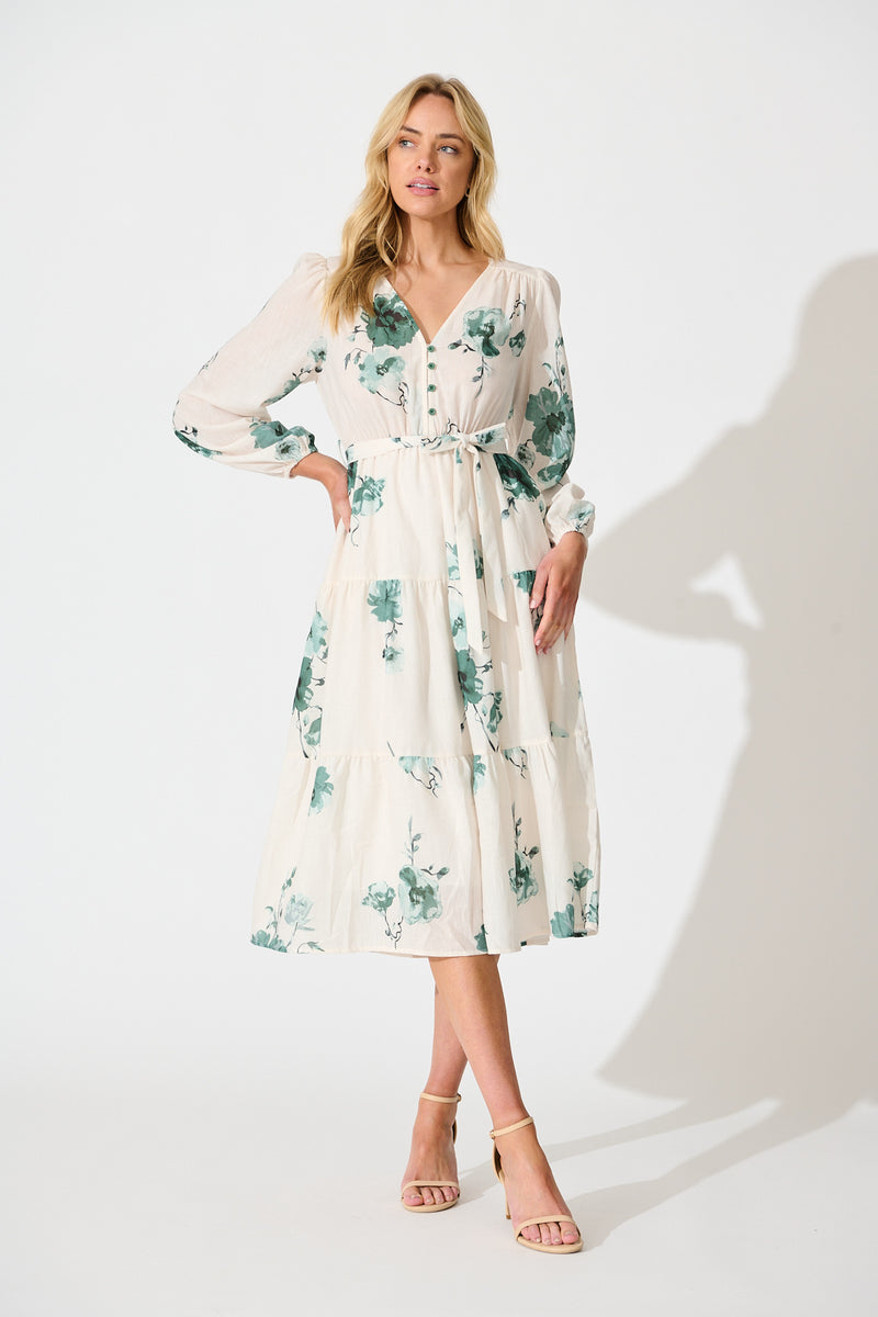 Carley Midi Dress in Cream with Green Floral Linen Blend – St Frock