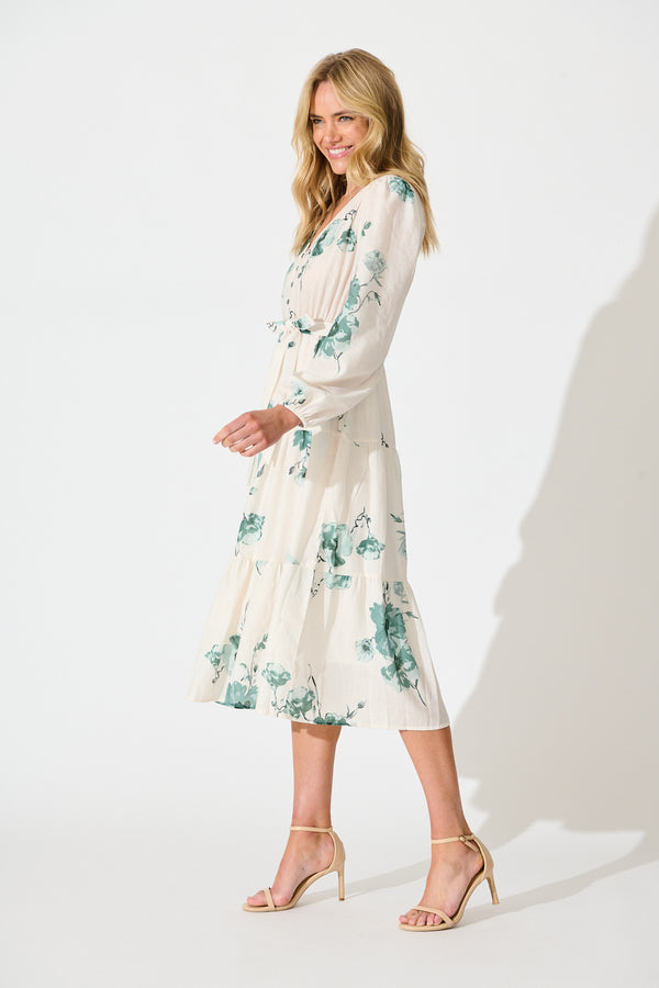 Carley Midi Dress in Cream with Green Floral Linen Blend – St Frock