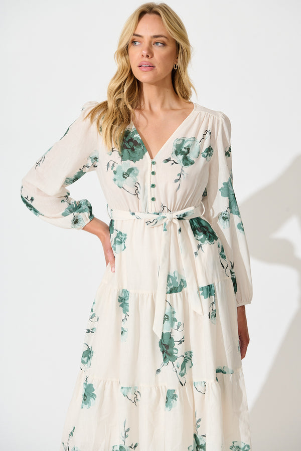 Carley Midi Dress in Cream with Green Floral Linen Blend – St Frock