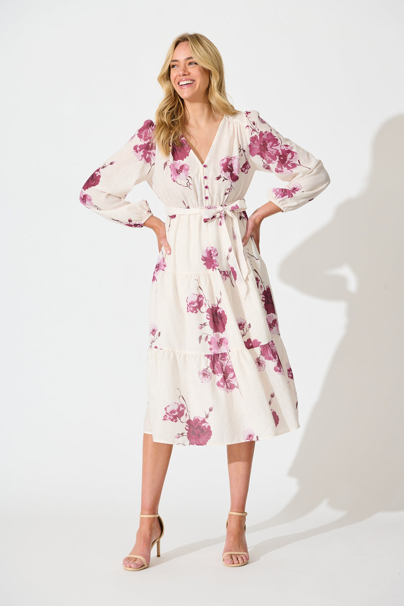 Carley Midi Dress in Cream with Purple Floral Linen Blend – St Frock