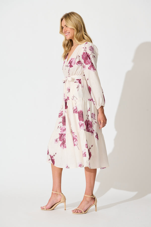 Carley Midi Dress in Cream with Purple Floral Linen Blend – St Frock