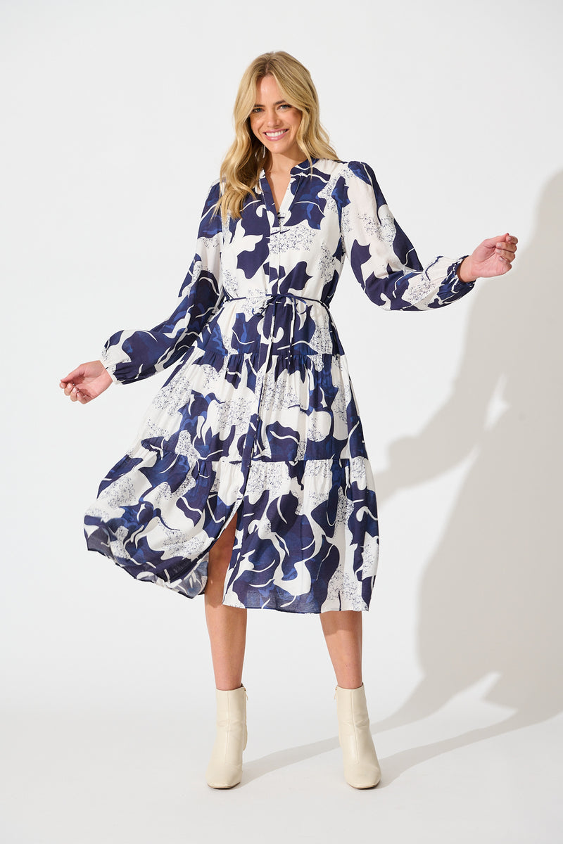 Prestige Midi Dress in White and Navy Print – St Frock