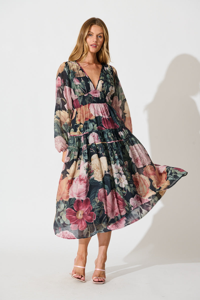 Brigette Midi Dress in Black with Multi Floral Print – St Frock