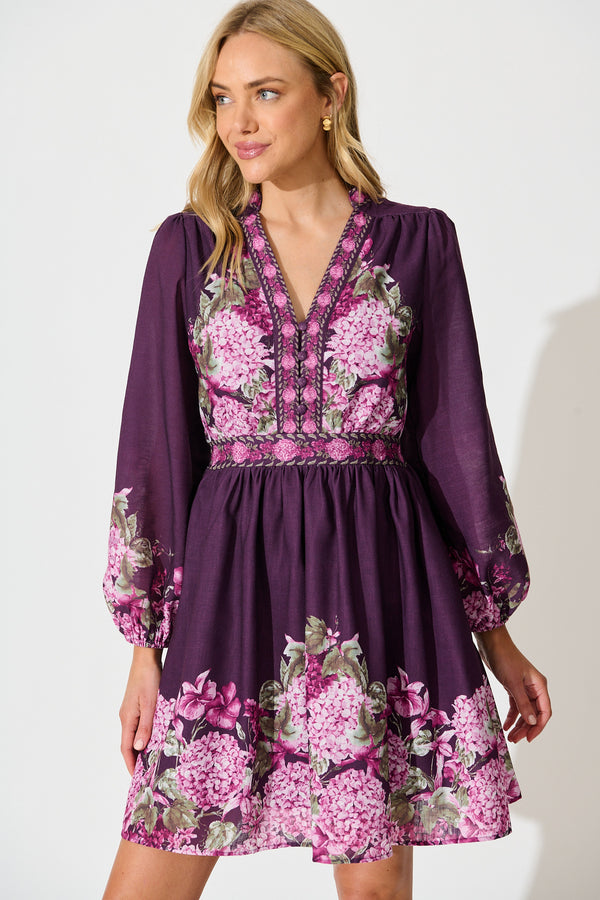 Clarion Dress in Plum Border Floral Linen Blend – St Frock