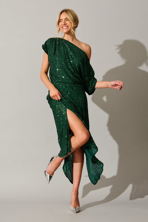 Amiri Off Shoulder Maxi Dress in Emerald Sequin – St Frock