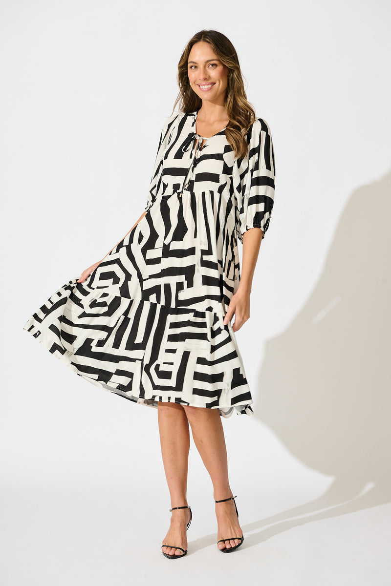 Luminous Midi Dress in Black with White Geometric Print – St Frock