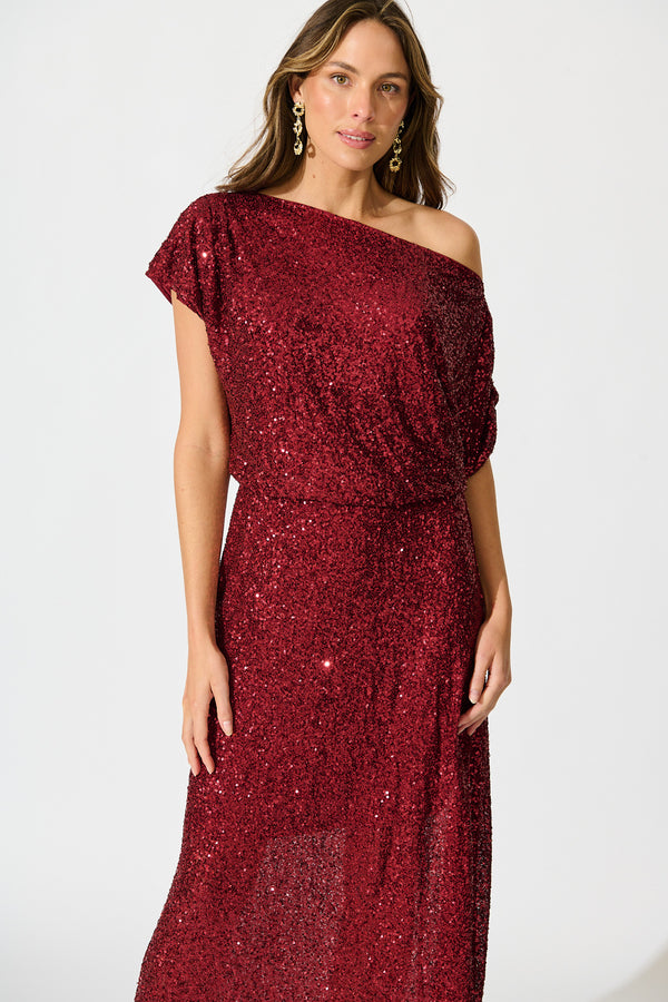 Amiri Off Shoulder Maxi Dress in Wine Sequin – St Frock