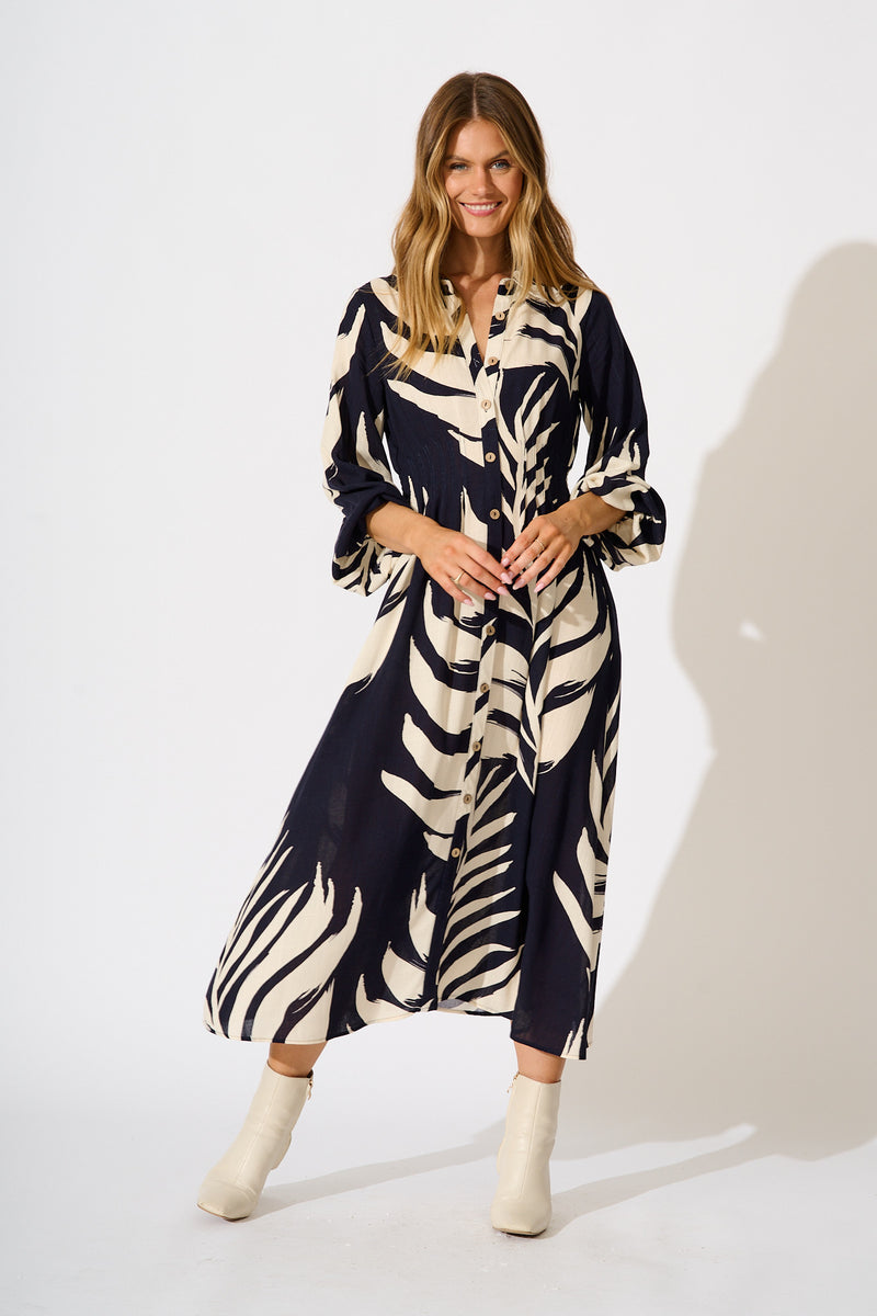Dreamscape Midi Shirt Dress in Navy and Cream Print – St Frock