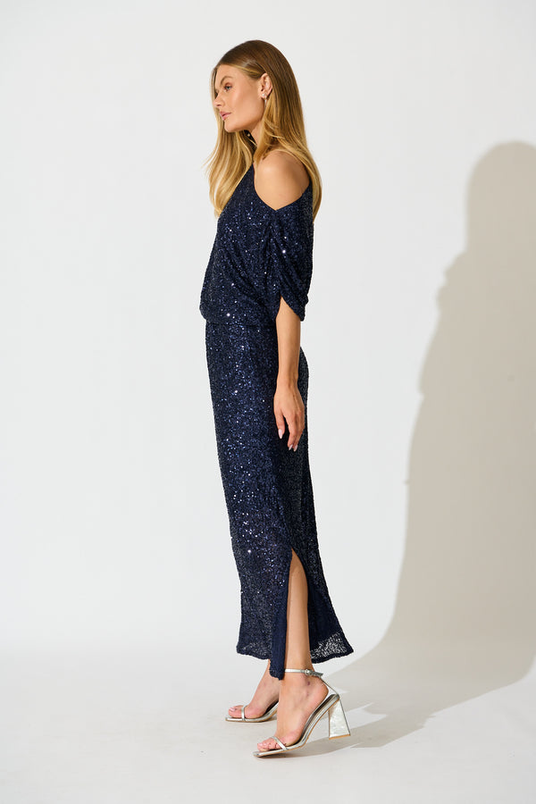 Amiri Off Shoulder Maxi Dress in Navy Sequin – St Frock