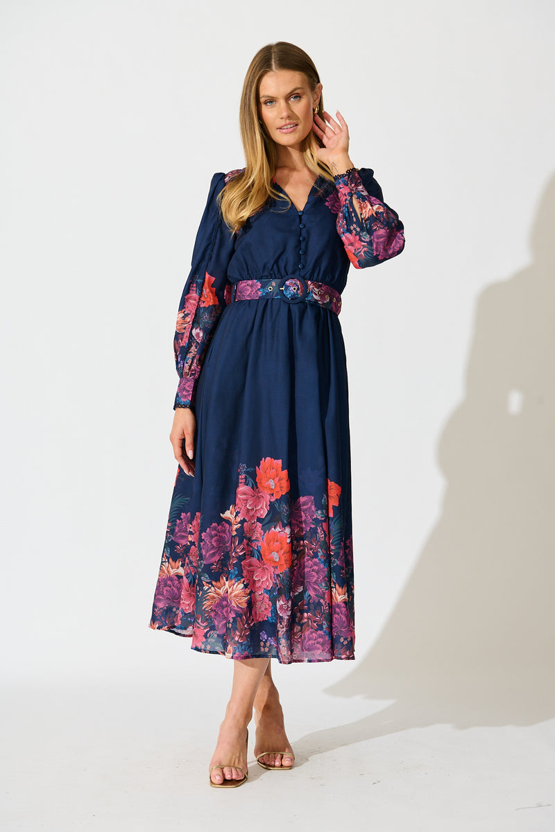 PRE ORDER Orchid Trace Midi Dress in Navy Floral Cotton Blend – St Frock