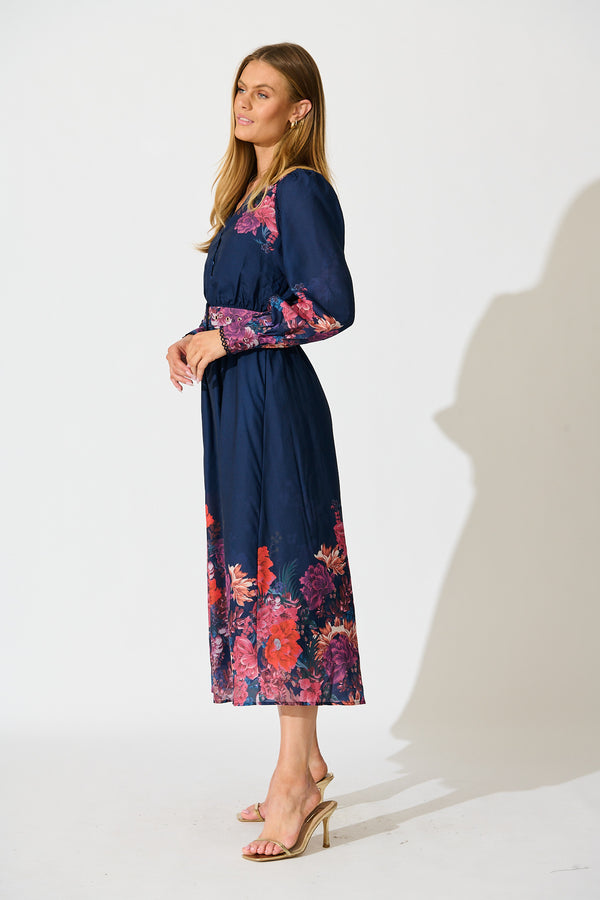 PRE ORDER Orchid Trace Midi Dress in Navy Floral Cotton Blend – St Frock