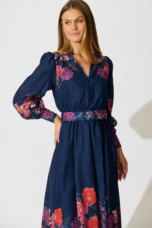 PRE ORDER Orchid Trace Midi Dress in Navy Floral Cotton Blend – St Frock