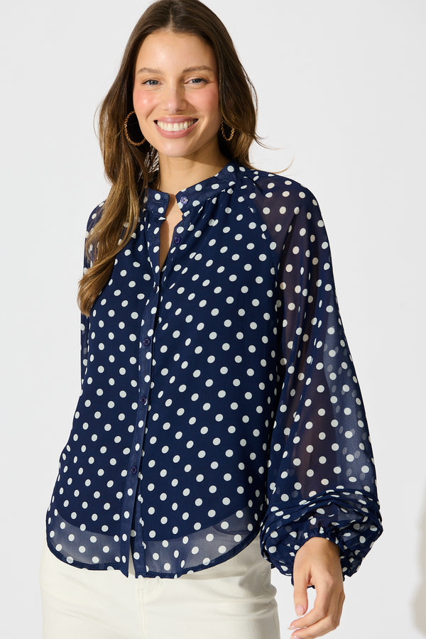 Dotty Days Top in Navy with White Polka Dot Chiffon – St Frock