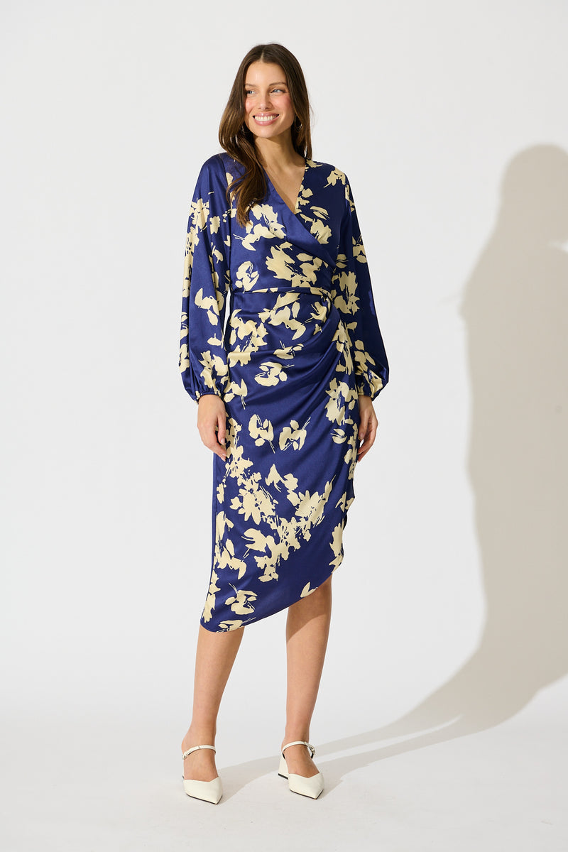 Kalisha Midi Dress in Blue with White Floral Satin – St Frock