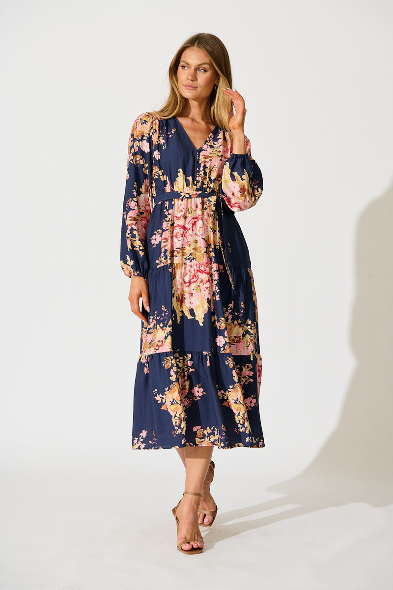 Primavera Midi Dress in Navy with Pink Floral – St Frock