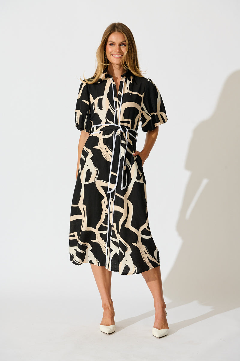 Libra Midi Shirt Dress in Black with Cream Swirl Print Linen Blend – St ...