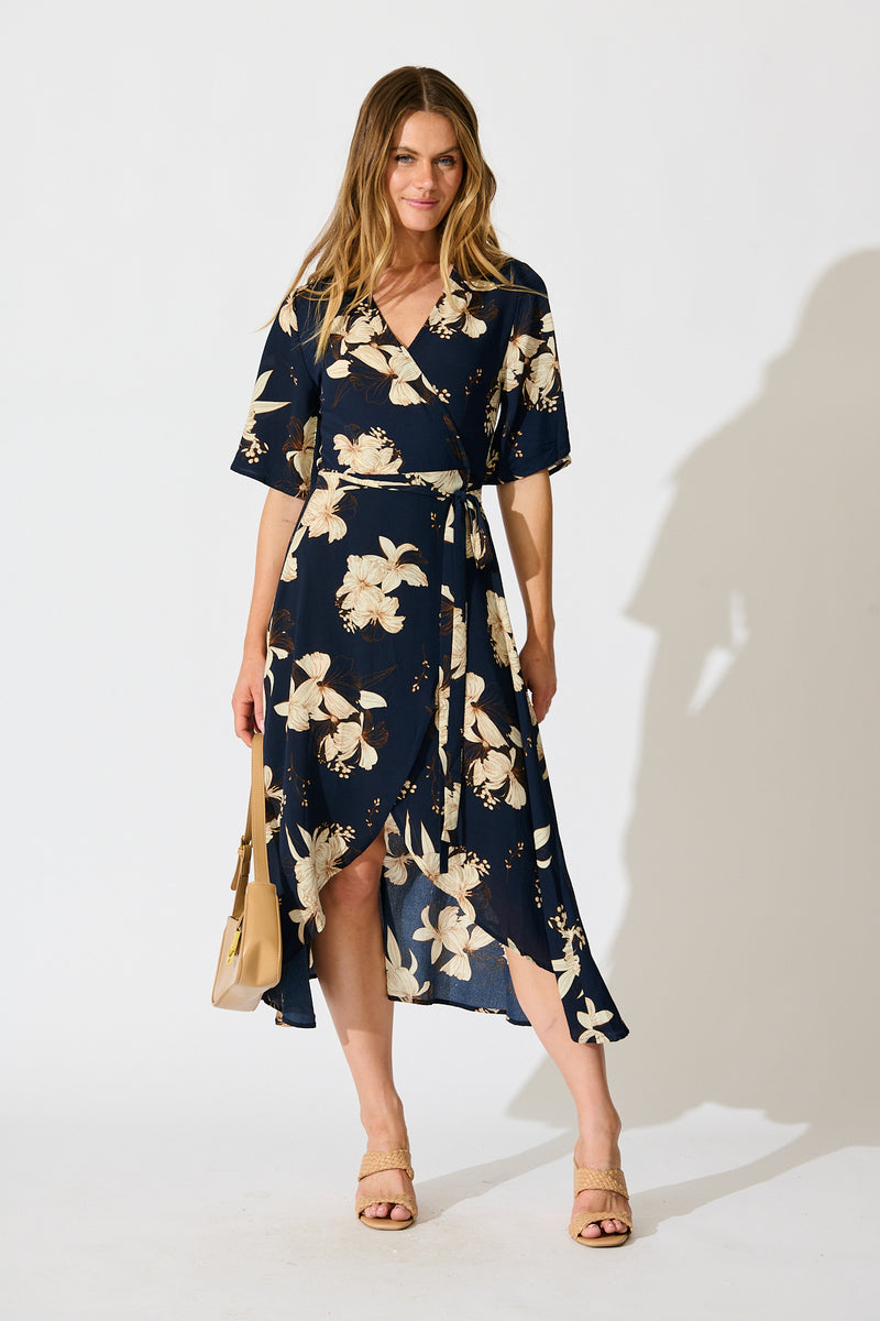 Bellerose Midi Wrap Dress in Navy with Cream Floral – St Frock