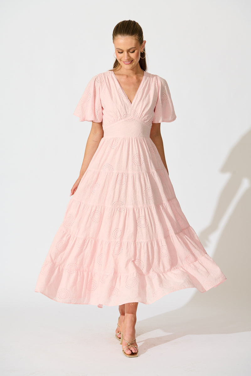 Indra Tiered Maxi Dress – Pink Embroidered Cotton | St Frock – St Frock