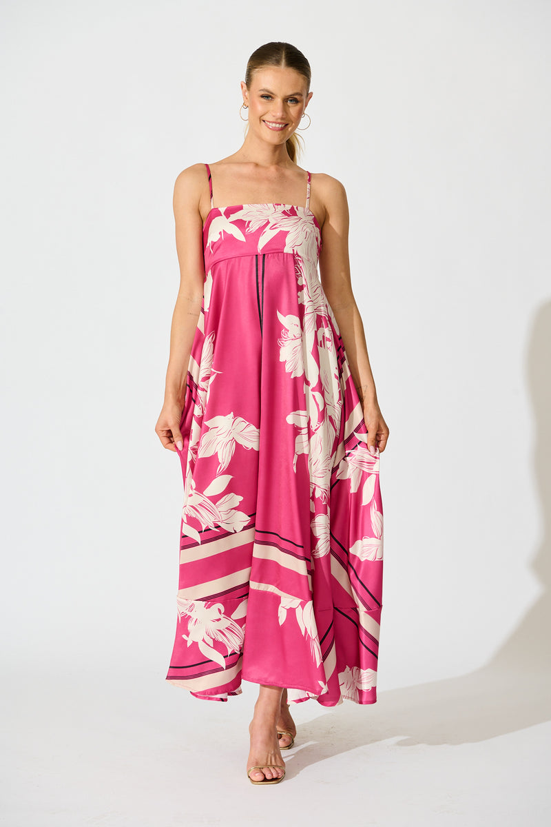 Ruthie Maxi Sundress – Magenta Floral Satin | St Frock – St Frock