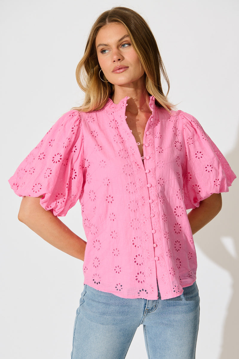 Krizza Top In Pink Embroidered Cotton | St Frock