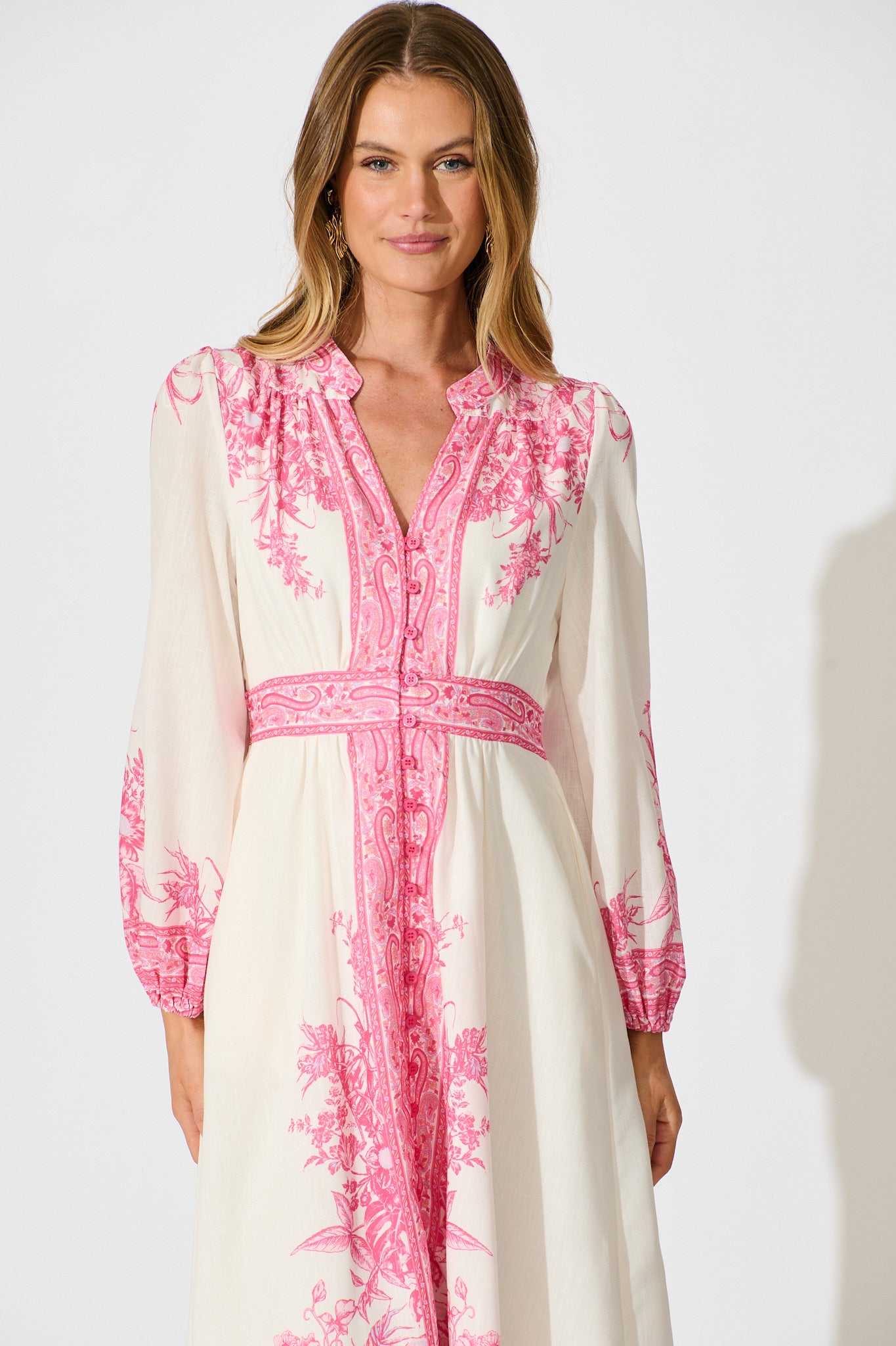Evilia Maxi Dress – Cream Pink Floral Linen Blend | St Frock