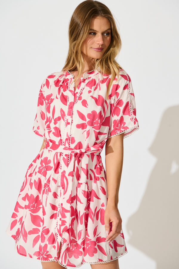 Emiliana Dress – White Pink Floral Linen Blend | St Frock