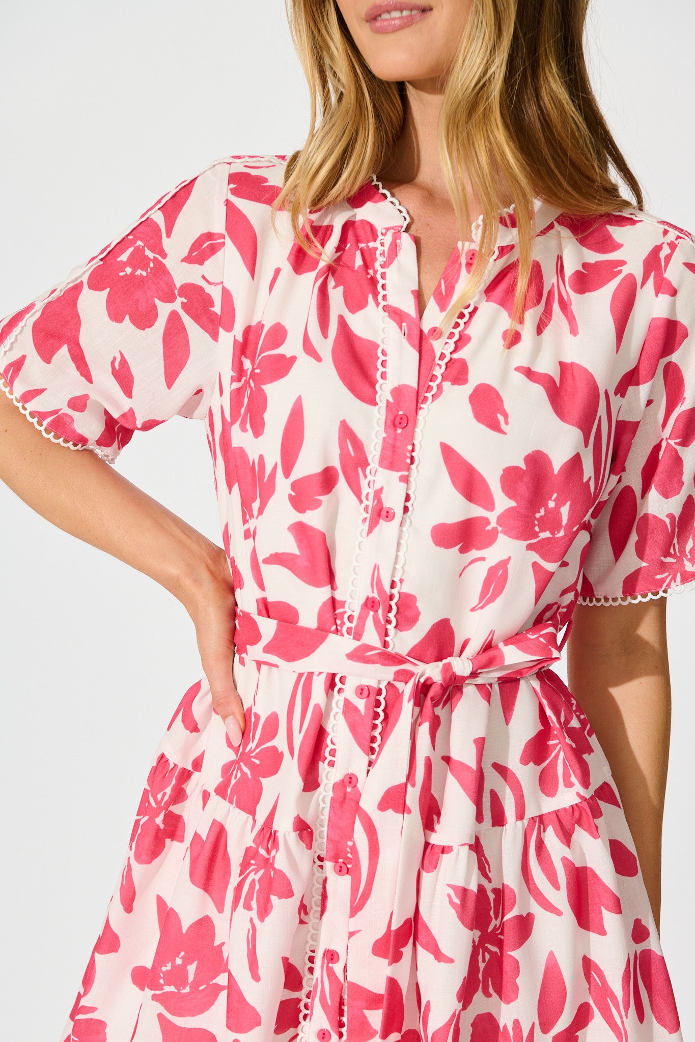 Emiliana Dress – White Pink Floral Linen Blend | St Frock