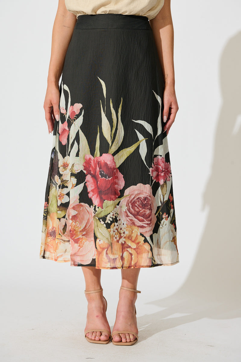 Faelina Maxi Skirt – Black Floral Print Linen Blend | St Frock