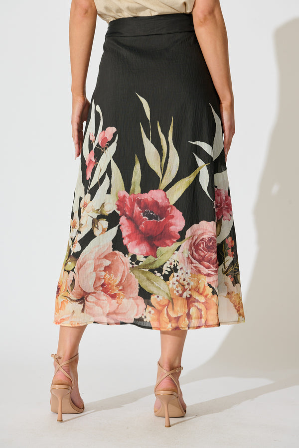Faelina Maxi Skirt – Black Floral Print Linen Blend | St Frock
