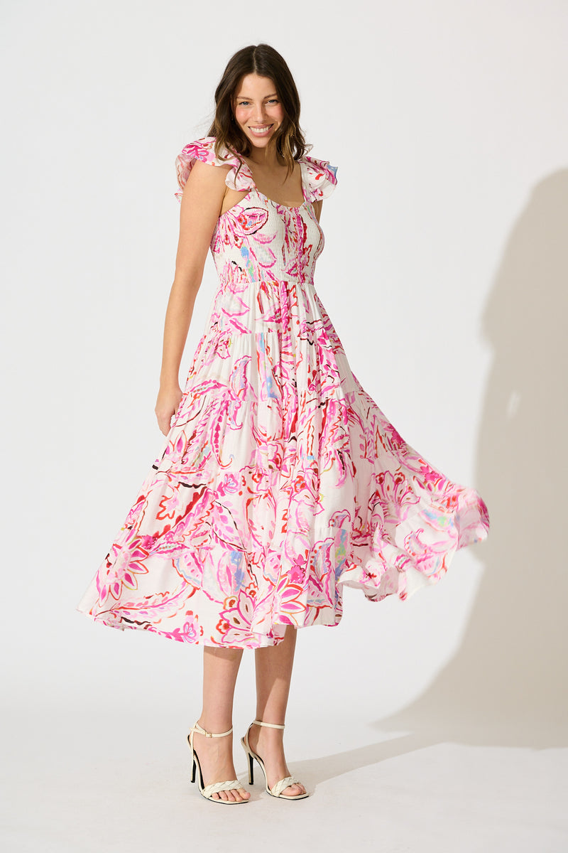 Imee Midi Sundress – White Pink Abstract Floral | St Frock