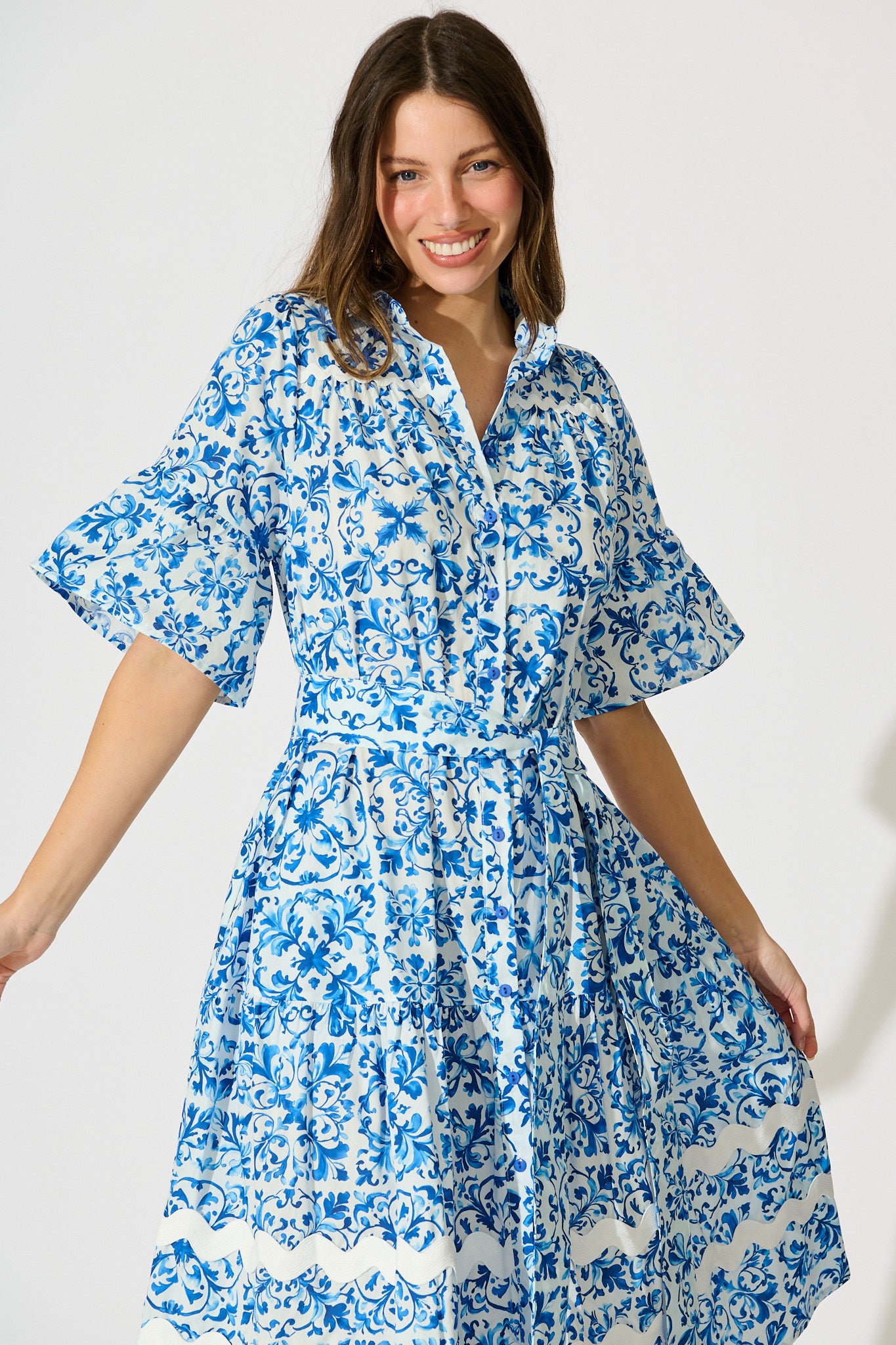 Janella Midi Dress – White with Blue Cotton | St Frock