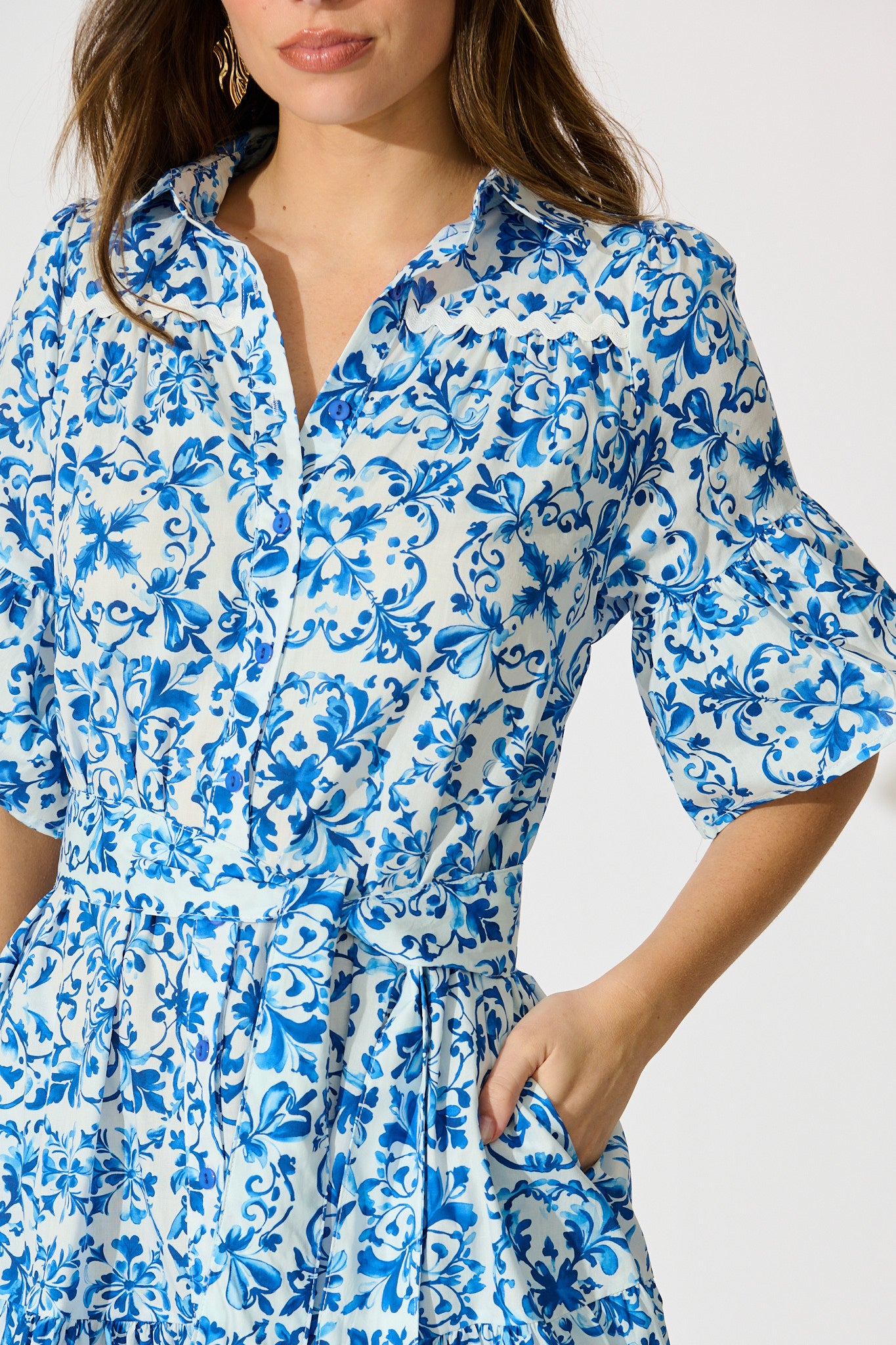 Janella Midi Dress – White with Blue Cotton | St Frock