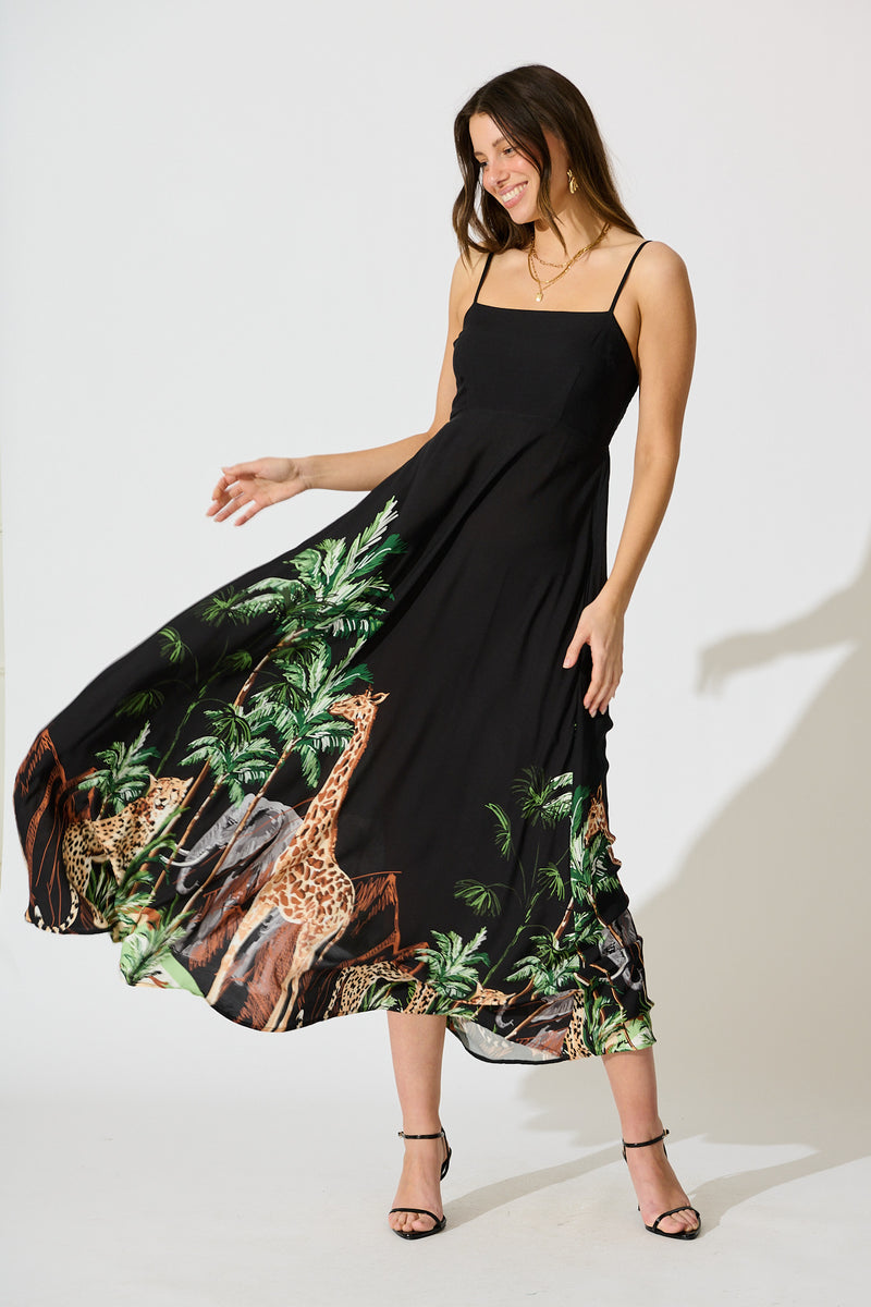 Yetta Maxi Sundress – Black Print | St Frock