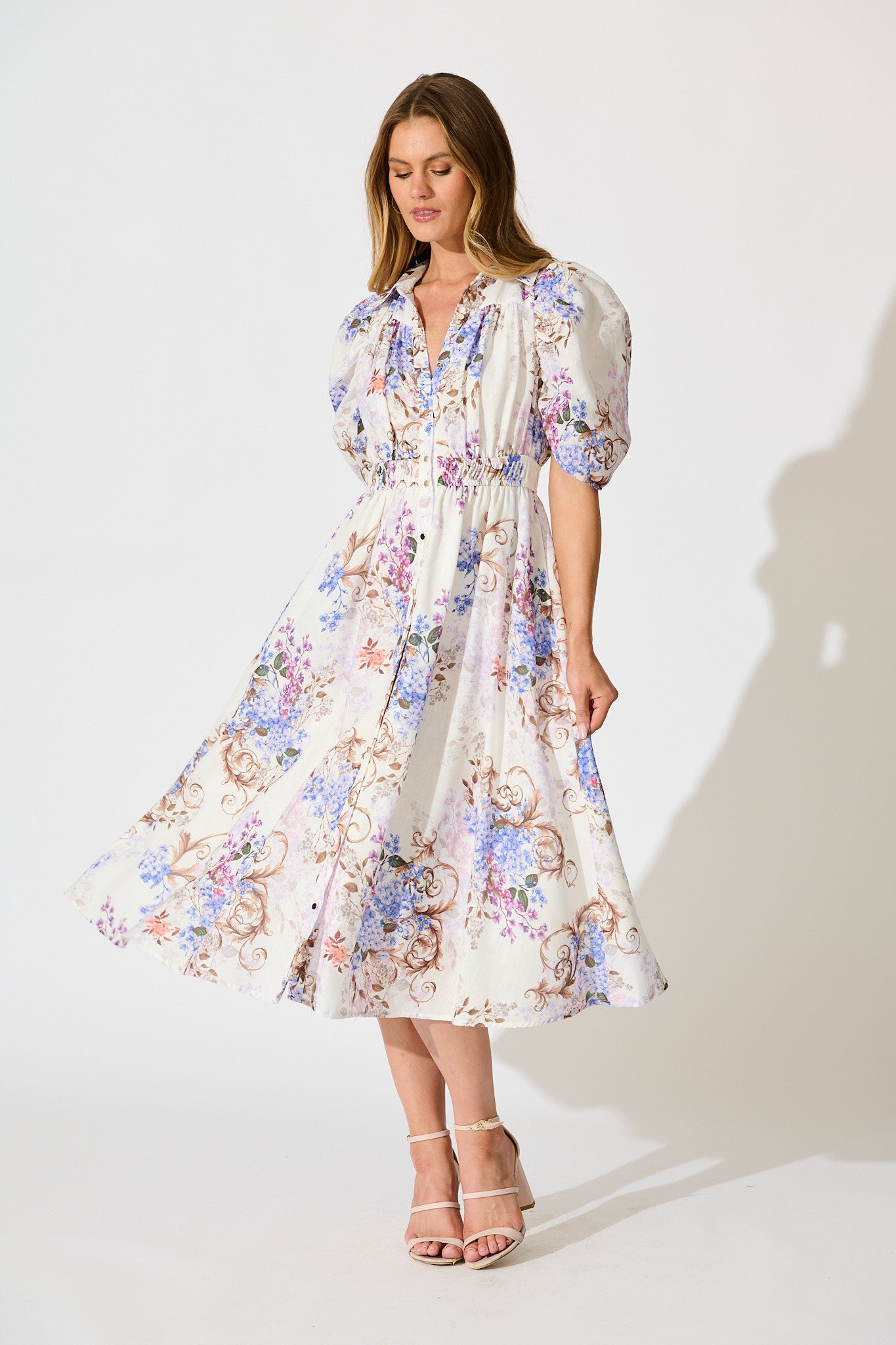 Jessy Midi Shirt Dress – White Floral Linen Blend | St Frock