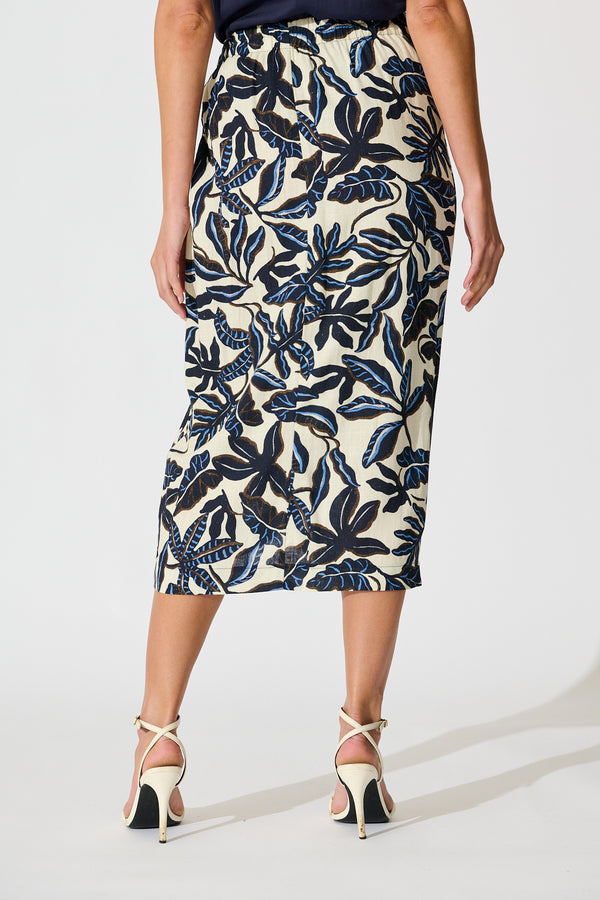 Tanis Midi Wrap Skirt Navy Cream Leaf Linen Blend | St Frock