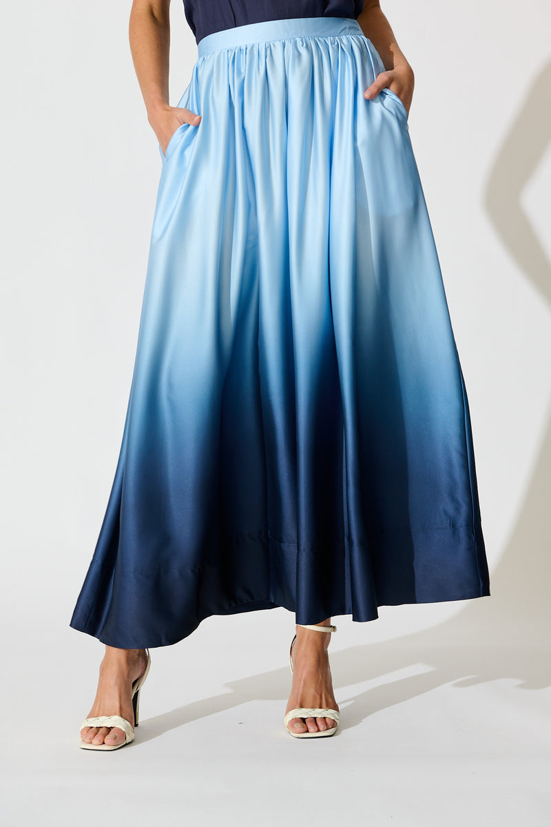 Dip and Dusk Maxi Ombre Skirt in Blue Satin | St Frock