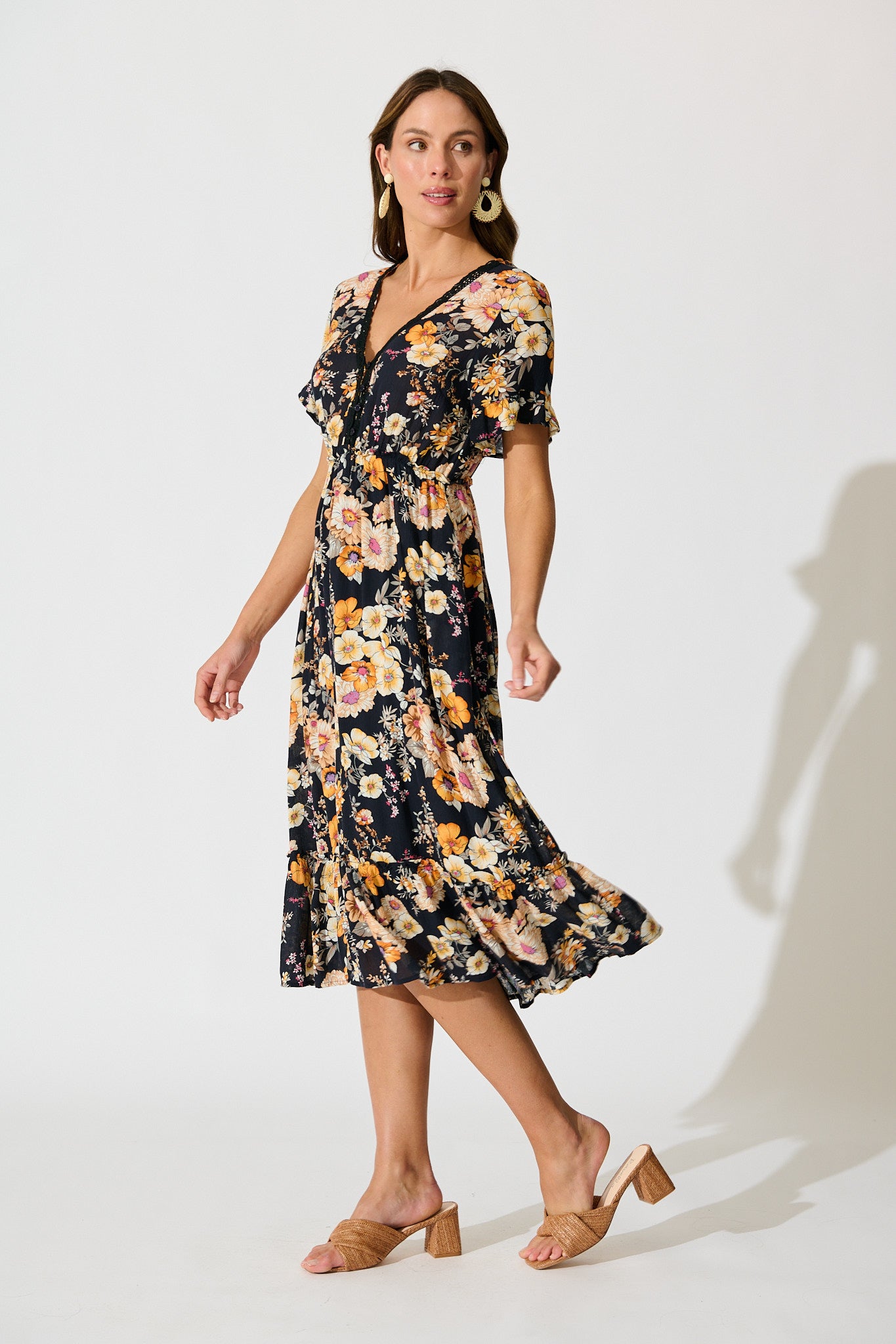 Zyla Midi Dress in Black Floral | St Frock