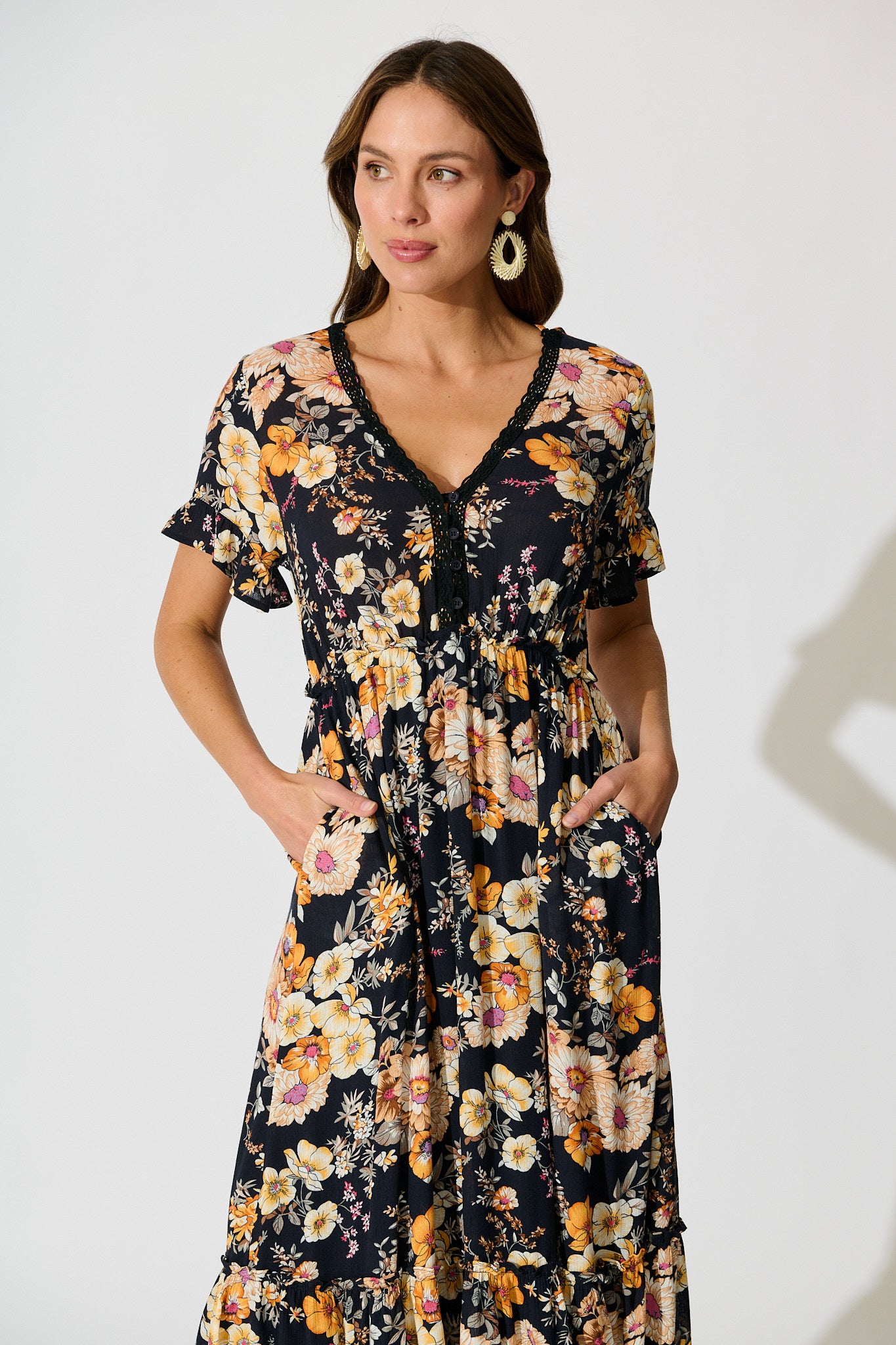 Zyla Midi Dress in Black Floral | St Frock