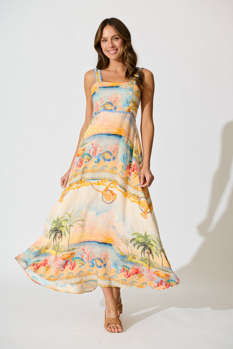 Malva Maxi Sundress in Beige Multi Summer Print | St Frock