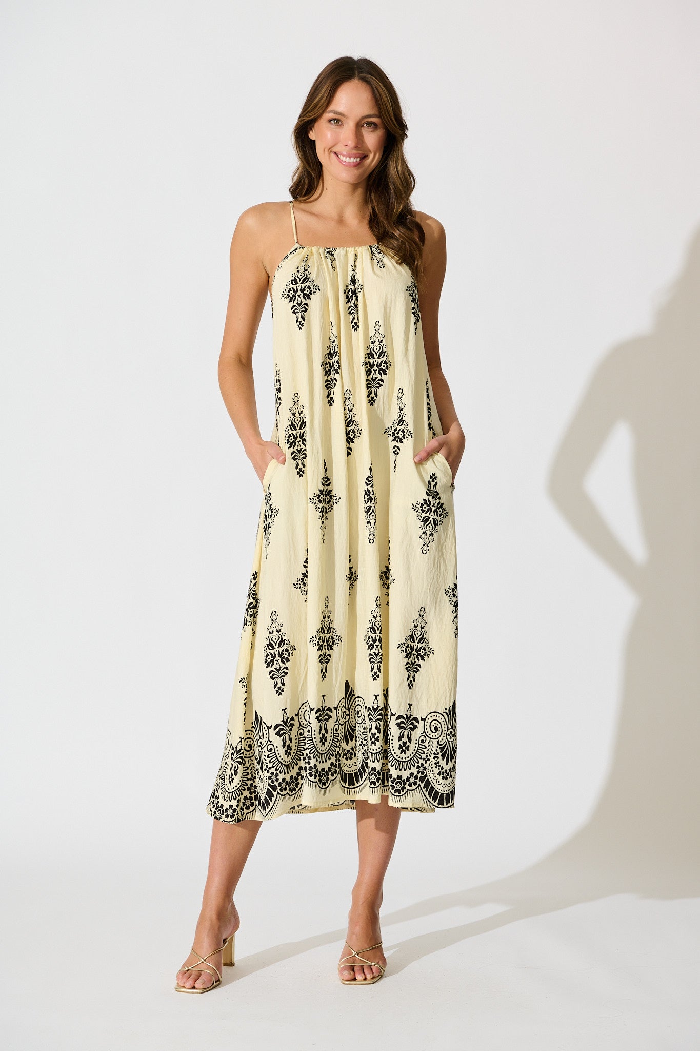 Ovina Maxi Sundress in Cream with Black Border Print Linen Blend | St Frock