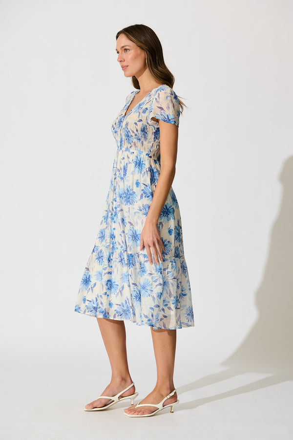 Zennith Midi Dress in Cream with Blue Floral | St Frock