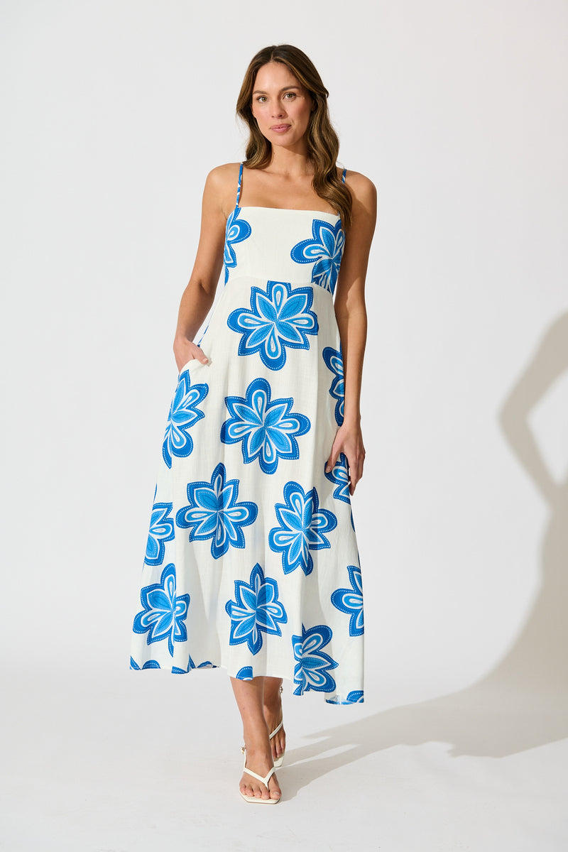 Waverly Maxi Sundress – White Blue Flower Linen Blend | St Frock