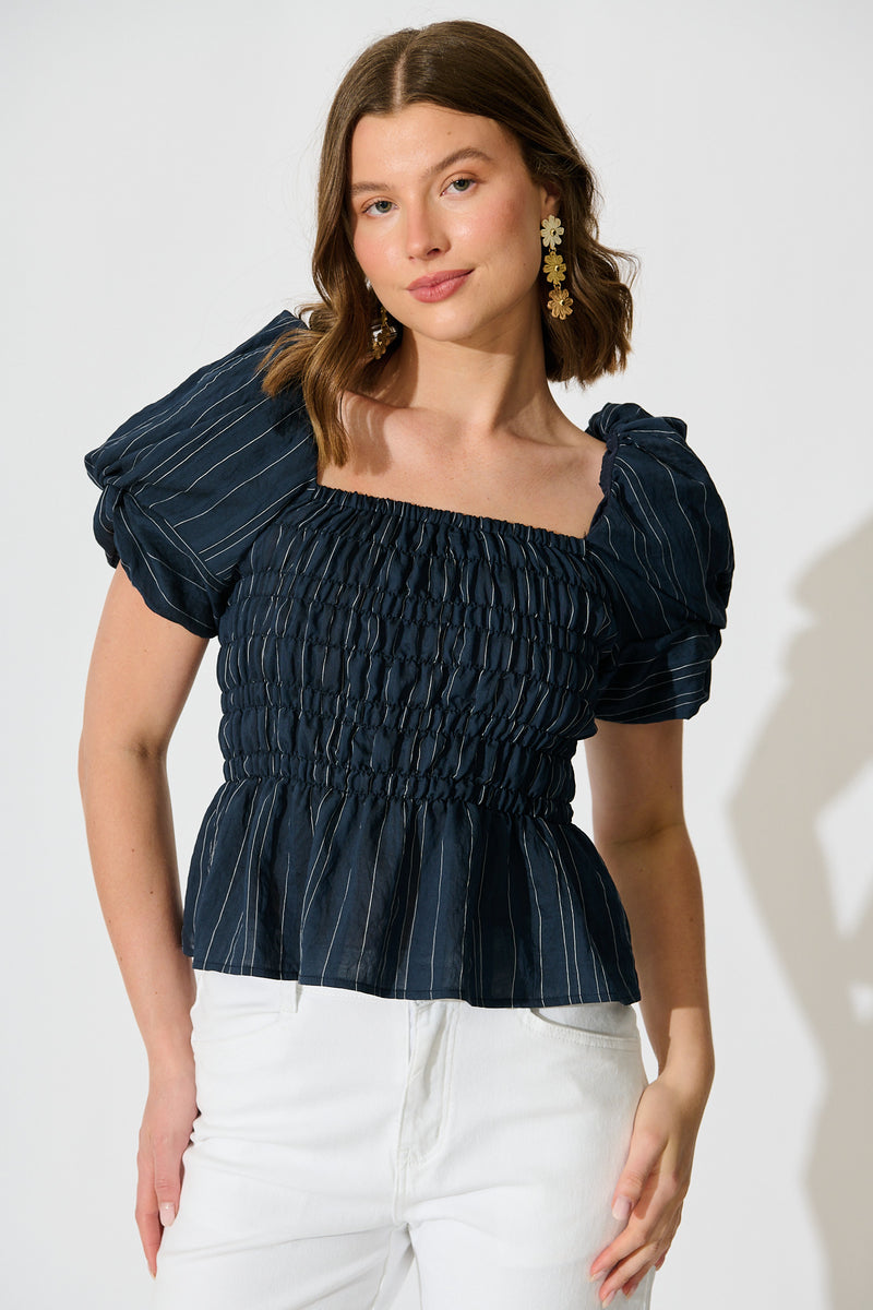 Layne Shirred Top in Navy with White Stripe | St Frock