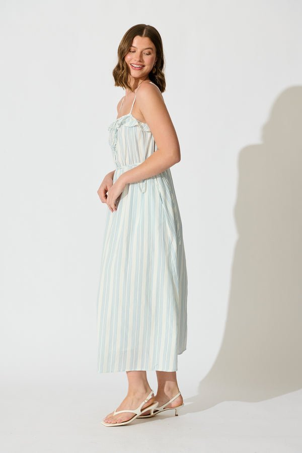 Nya Midi Sundress in White with Light Blue Stripe Cotton Blend | St Frock
